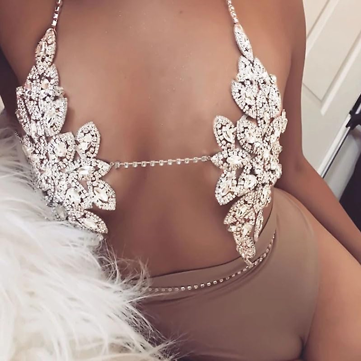 Graeen Crystal Bra Chains Rhinestone Bra Top Flower Chest Chain Silver Body Chain Nightclub Body Jewelry for Women (A)