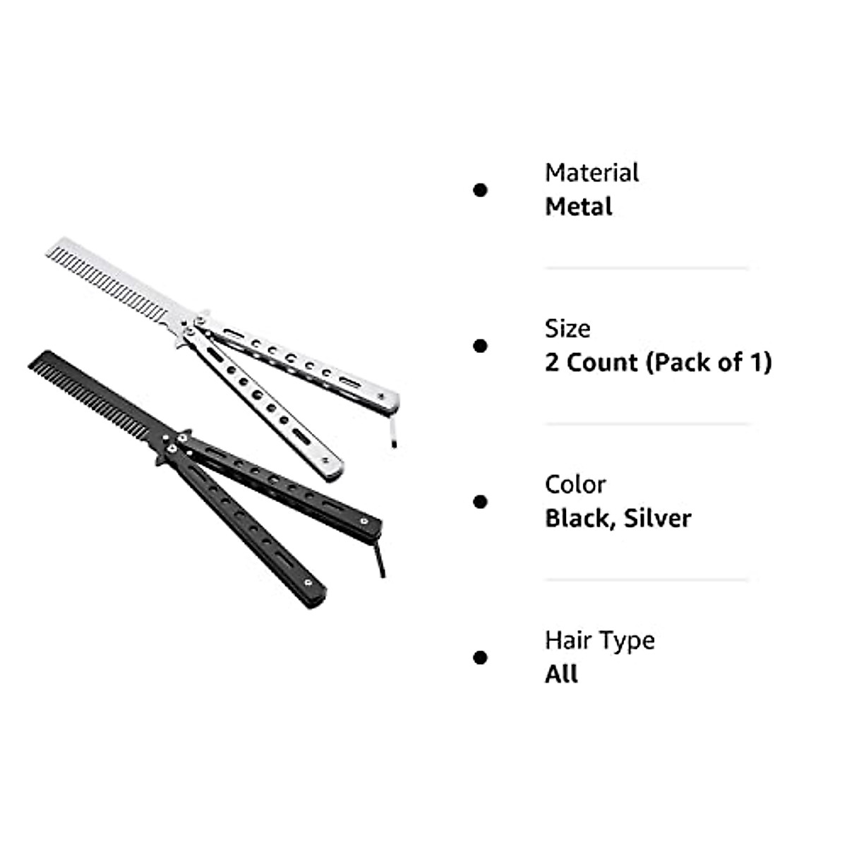 2 Pieces Butterfly Combs Stainless Steel Folding Training Practice Combs Hair Styling Tools for Sport Outdoor Use (Black, Silver)