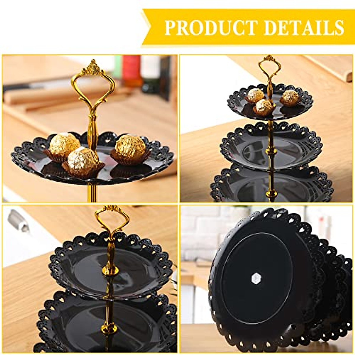 Potchen 9 Pcs Black Dessert Table Display Set Includes 6 Pcs Rectangle Cupcake Stand and 3 Pcs Round 3 Tiered Serving Tray Cake Gold