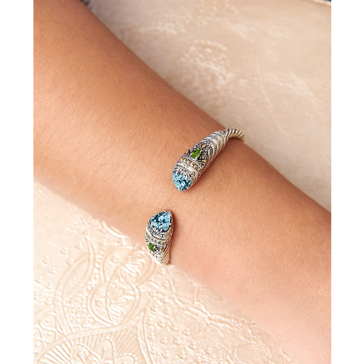 DEVATA Sterling Silver 925 and 18K Gold with Citrine and Peridot Bali Filigree Cuff Bracelet DHK3586CT (Size M)