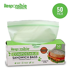 Responsible Products Certified Compostable SANDWICH Resealable Zip Bag, Extra Strength Food Bags, Plant-Based Freezer-Safe (50 Pack)