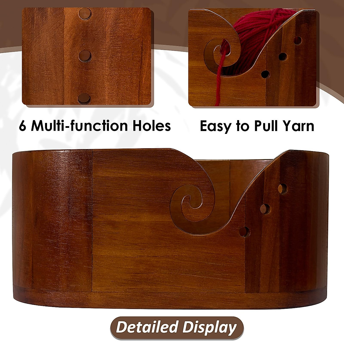 VPF Large Yarn Bowl,Knitting Yarn Bowl Portable, Wood Yarn Bowl Holder Swirl Design,Wool Yarn Storage Crochet Bowl Organizer for DIY Knitting Crocheting