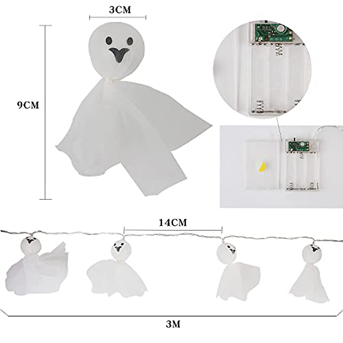 KIMOBER 20 LEDs Halloween Ghost String Lights,Battery Powered Lighting Decoration for Halloween Outdoor Indoor Party