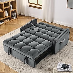 Upholstered Futon Loveseat Sofa Convertible to Sleeper Sofá Bed,Adjsutable Love Seat Chaise Lounge Couch Chair,Sofacama with Two Arm Pocket,Type C,USB Charging and Copper Nail for RV/Living Room