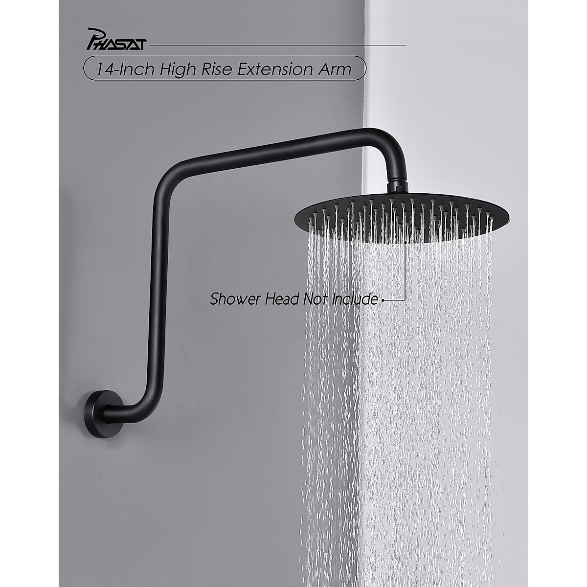 PHASAT 16 Inches Black Shower Head Arm,S Shaped Shower Arm with Flange,High Rise Shower Head Extension Arm,Shower Arm Extension Matte Black,PU9H02