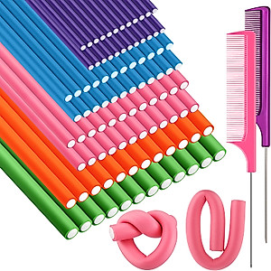 Tigeen Flexible Soft Twist Foam Hair Rollers - 96 Pieces, 9.45 Inch, No Heat, with 2 Rat Tail Combs for Women (Multi Size, Multi Color)