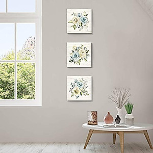 Floral Canvas Painting Wall Art: Yellow & Blue Roses Pictures Flower Artwork for Bedroom (12'' x 12'' x 3 Panels)