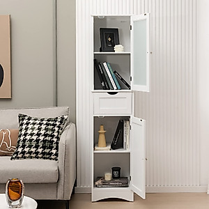 Tangkula 67" Tall Bathroom Storage Cabinet, Slim Freestanding Tower w/ 2 Doors & 1 Drawer, Narrow Floor Cabinet w/Adjustable Shelves & Tempered Glass Door for Bathroom Living Room (White)