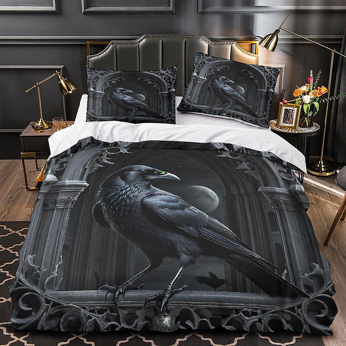 EVMILA Gothic Crow Quilt Cover Comforter Covers 3D Print Dark Castle for Teens and Adults Duvet Cover with Pillow Cases Bedding Set with Zipper Closure Soft Microfiber 3 Pieces Queen（228x228cm）