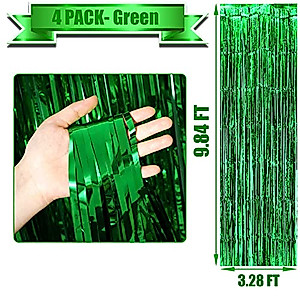 4 Pack Green Foil Fringe Curtain Backdrop, 3.3Ft x 9.8Ft Metallic Tinsel Foil Fringe Streamers Curtains for Photo Booth, Wedding, Thanksgiving, Birthday, Christmas, Halloween Party Decoration