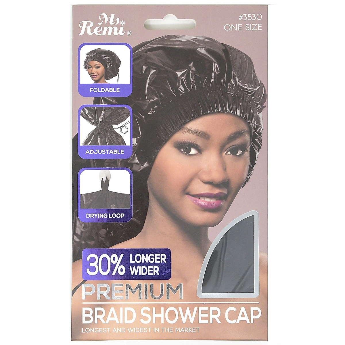 Annie - Ms. Remi Premium Adjustable and Foldable Braid Shower Cap with Drying Loop (Black, 25" x 18.5")