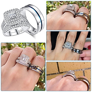 1.8Ct Princess 18k Gold Plated Plated Wedding Ring Sets for Him and Her Women Men Titanium Stainless Steel Bands Cz Couples Size 10&5