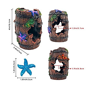 GSD Star-Fish Broken Barrel Decor Resin Betta Fish Tank Accessories Ornaments for Fish Cave Hide Tank Decorations, Broken Barrel x 1pc, Blue Star Fish Ornaments x 2pcs