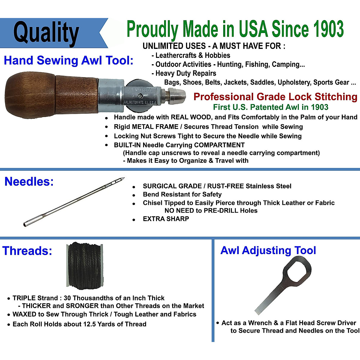 Repair Stitch Tool | Sewing Awl for Bounce Houses, Inflatables, Tarps, Leather, Thick Fabric, Shoes, Bags, Belt, Upholstery Repair Kit & Crafts Leather Stitching - MADE IN USA – PROFESSIONAL HEAVY DUT