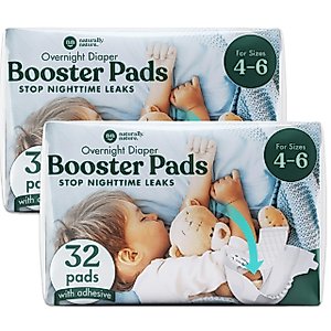 Naturally Nature Overnight Diaper Booster Pads, Stops Leaks, Diaper Liners for Toddlers, Adhesive Pads for Girls & Boys, 64 ct. (2 Packs of 32)