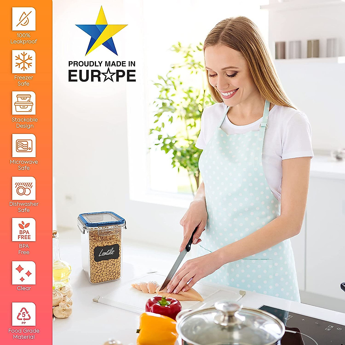 Mueller Food Storage Containers with Lids Airtight, 14-Piece Cereal Containers Storage, Kitchen & Pantry Organization Storage with 14 Labels, 4 Measuring Cups and Marker, Dark Blue