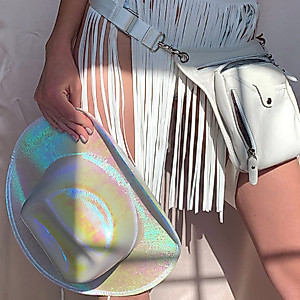 Patyhapy White Space Cowgirl Hat with Heart Glasses Women Metallic Holographic Cowboy Hats Neon Rave Sparkly Glitter Party Costume(White)