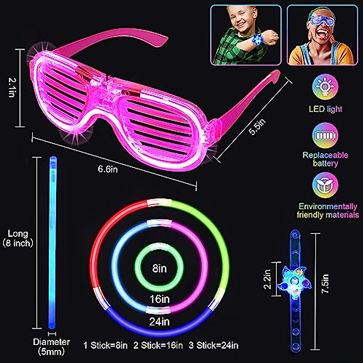 SHQDD140PCS Led Light Up Toys Party Supplies, 20 Flashing Glasses, 20 LED Fidget Spinner Bracelets, 100 Glow Sticks In Dark Party Supplies for Kids Adult, Light Up Party Favors for Birthday Cosplay