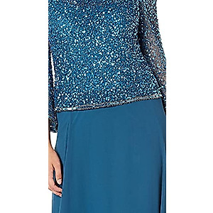 J Kara Women's Long Beaded Dress with Cowl Neck, Teal/Mercury, 18