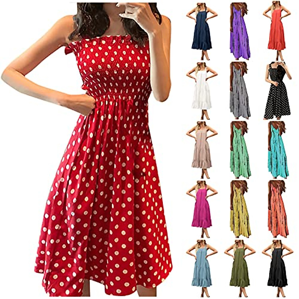 COTECRAM Maxi Dress for Women Beach Boho Strap Sundresses Fashion Polka Dot Ruffle Sleeveless A Line Party Swing Dress Plus Size Fashion Vacation Outfit Loose Long Maternity Dress(B Red,X-Large)