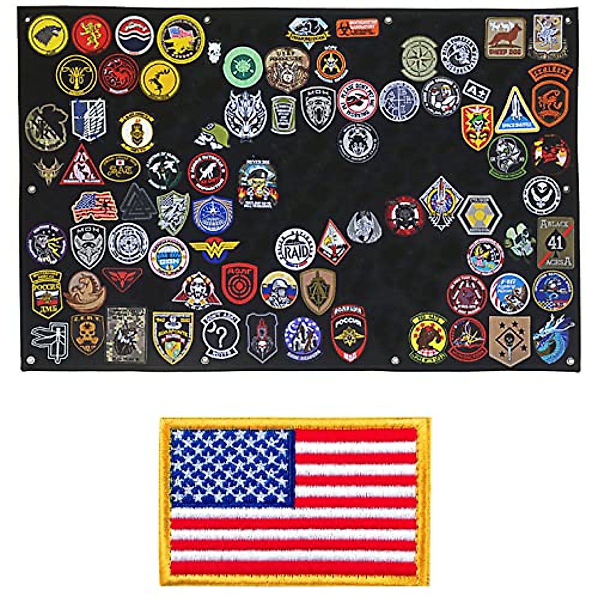 Tactical Patch Display Panel Holder Board for Military Army Combat Morale Uniform Hook and Loop Emblems, 43 Inches x 27.5 Inches (Large), with 1 Flag Patch Included