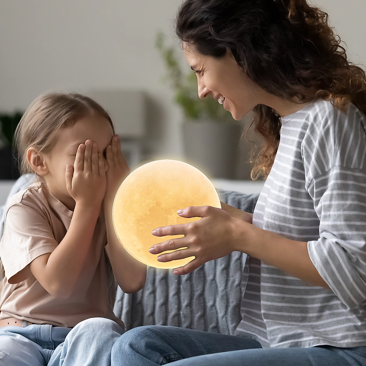 Mydethun 3D Moon Lamp with 5.9 Inch Wooden Base - Christmas Day Gift, LED Night Light, Mood Lighting with Touch Control Brightness for Home Décor, Bedroom, Women Kids Moonlight - White & Yellow