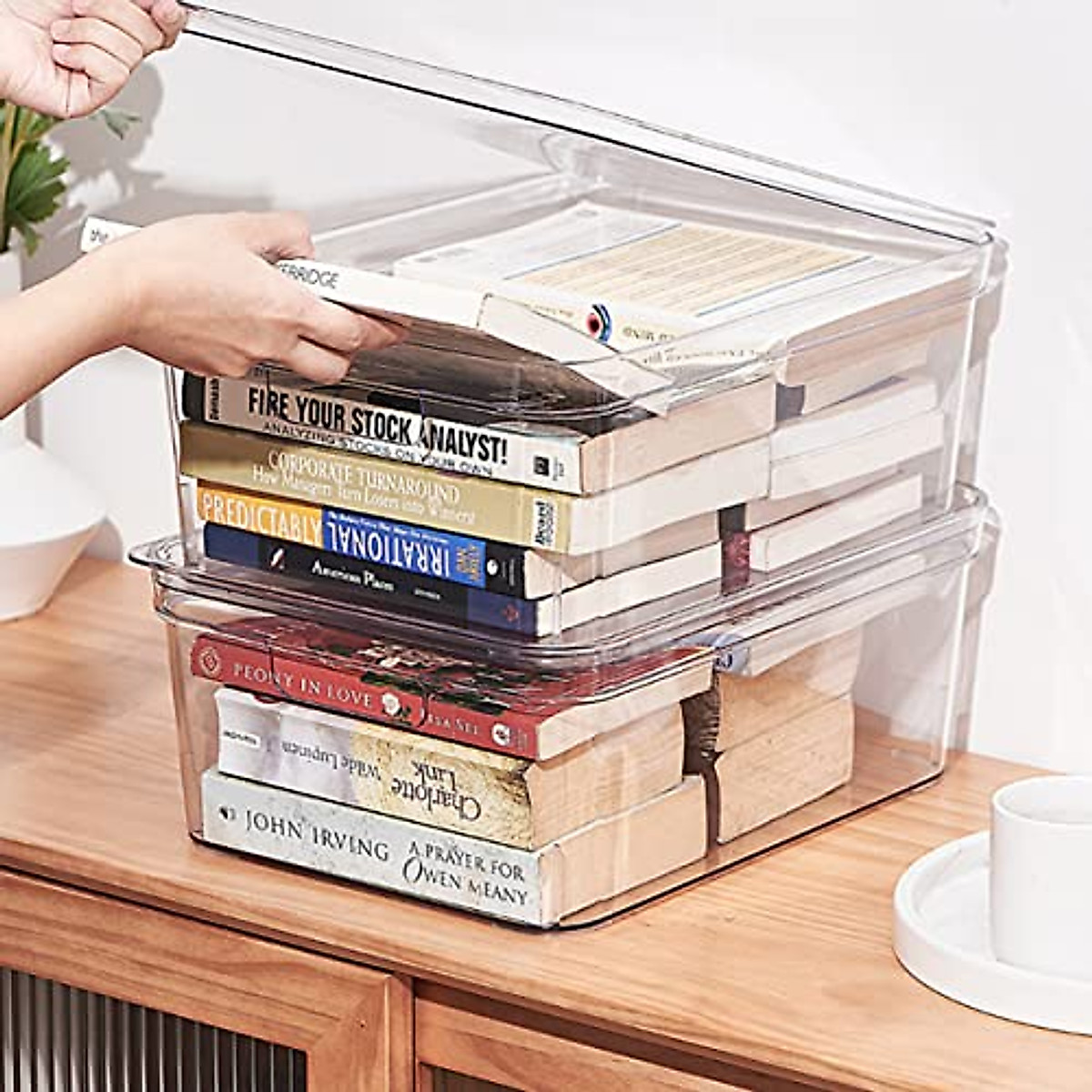 Angoily Plastic Storage Bin Tote Organizing Container with lid Fridge Storage Bin Stackable Storage Bins for Office Entryway Closet Cabinet Bedroom