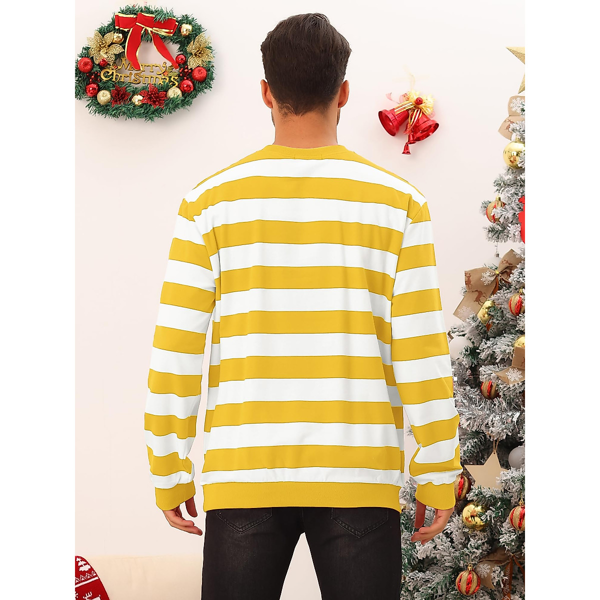 Lars Amadeus Yellow Striped Sweatshirt for Men's Crew Neck Long Sleeves Pullover Color Block Sweatshirts XX-Large