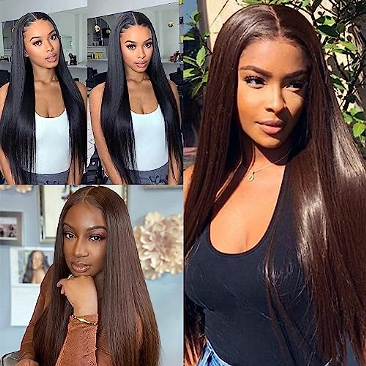 Long Straight Highlights wig Middle Part Natural hairline Synthetic Wigs for Women 24 Inch Heat Resistant Fibre for Daily Party Use(Dark Brown Mixed Brown)
