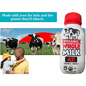 whole Milk Organic Shelf Stable Whole Milk Bottle, Kirkland Grass Fed Milk has Vitamin D & A2 Protein, Plus BETRULIGHT Fridge Decal - Single Serve, 8.0 Fl oz (Pack of 6)