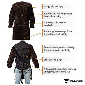 Waylander OTTAR Leather Welding Shop Apron for Men; Long Heavy Duty Work Apron