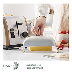 DOWAN Butter Dish, Ceramic Butter Keeper for Countertop, 8.6 inch Butter Holder with Handle Cover, for Home Kitchen Decor, Butter Container Perfect for East West Coast Butter, Light Blue & White