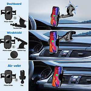 TAPMEI Car Phone Holder [Military-Grade Suction & Clip] 3 in 1 Phone Mount for Car Dashboard Windscreen Air Vent Compatible with All Cell Phones(Black)