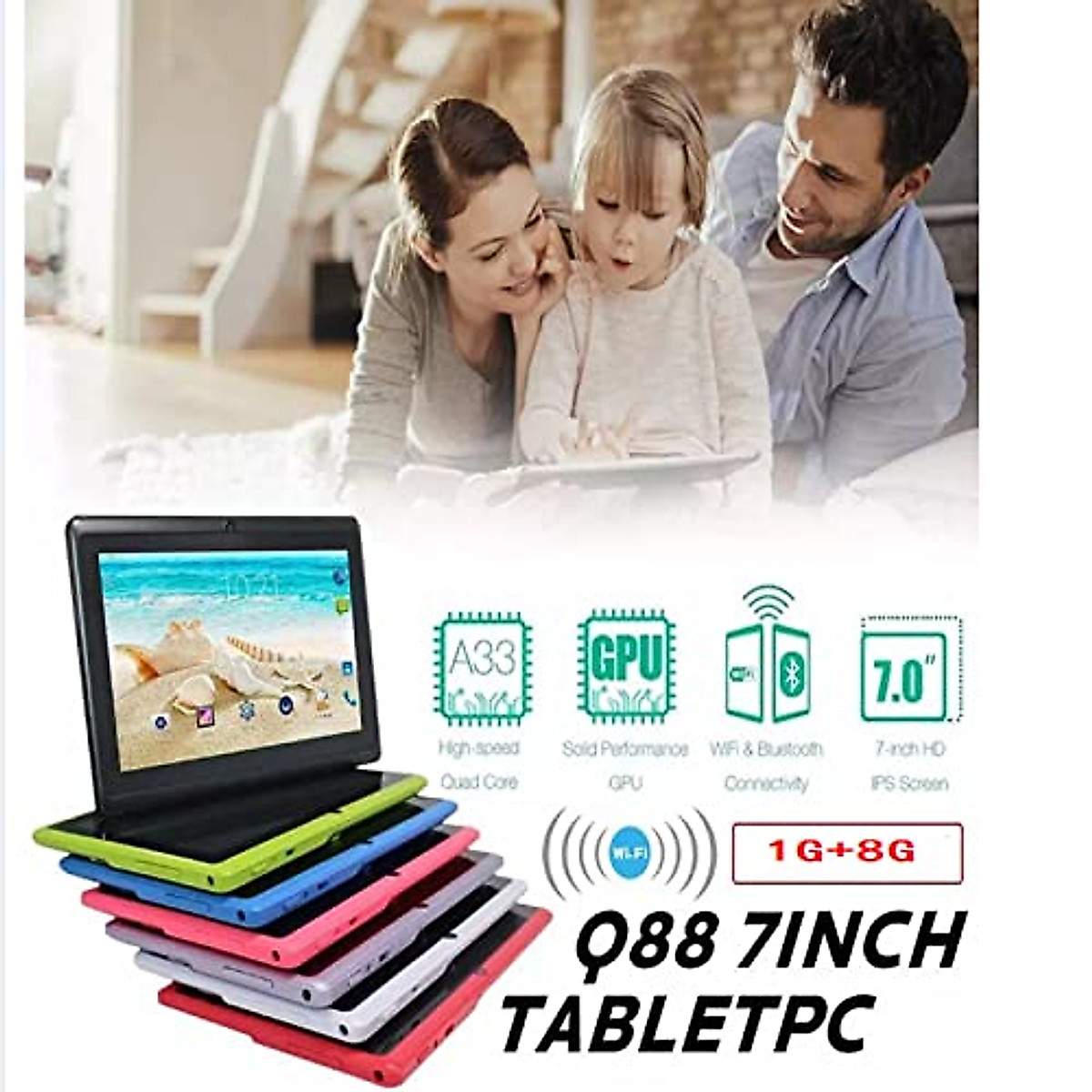 7" Android 4.4 Duad Core Tablet PC 1GB+8GB Dual Camera WiFi Bluetooth, Baby Toys for Boys Girls Adults (red)