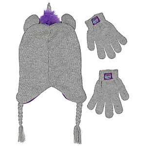 Girls Knitted Animal Beanie Winter Hat and Glove Set Purple Unicorn