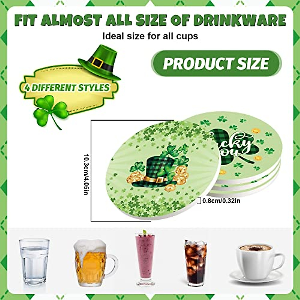 Whaline St. Patrick's Day Coaster 4Pcs Watercolor Green Lucky Shamrock Truck Hat Drink Coaster Irish Ceramic Coaster Cup Mat for Mugs Cups Home Kitchen Party Supplies, 4.1 x 4.1 x 0.3 Inch