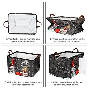 Funnewban Christmas Gnome Snowflake Storage Bin Basket Collapsible with Leather Handles Waterproof Canvas Storage Cube Box for Closet Toys Clothes Nursery Room Gift Basket