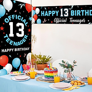 HTDZZI 13th Birthday Backdrop Banner Decorations Kit, Happy 13th Birthday Decoration for Boys Girls, Official Teenager 13 Year Old Birthday Party Door Yard Sign Photo Props Supplies, Fabric, Blue