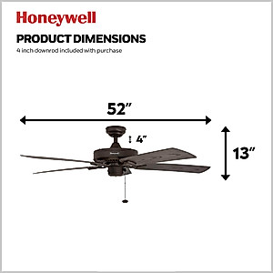 Honeywell Ceiling Fans Belmar, 52 Inch Traditional Indoor Outdoor LED Ceiling Fan with No Light, Pull Chain, Three Mounting Options, ETL Damp Rated, Reversible Motor - 50199-01 (Bronze)