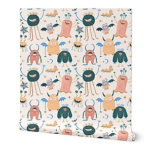 Commercial Grade Wallpaper Swatch - Cute Kids Monsters Watercolor Pastel Playful Room Monster Creature Bat Spooky Spider Web Moon Stars Traditional Wallpaper by Spoonflower