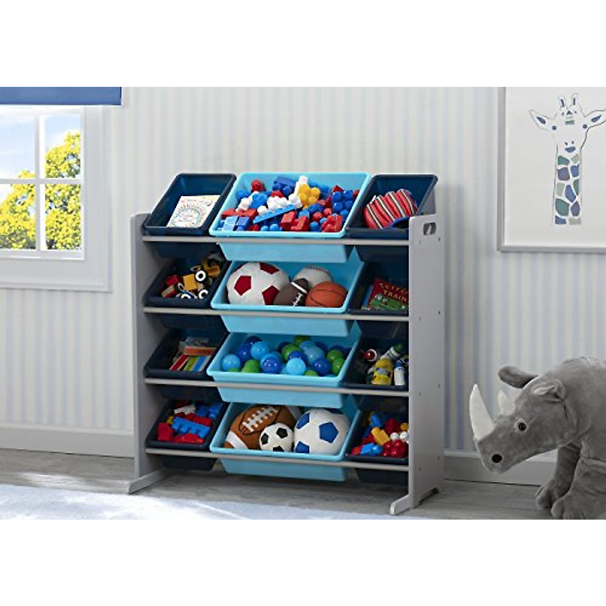 Delta Children Kids Toy Storage Organizer with 12 Plastic Bins - Greenguard Gold Certified, Grey/Blue