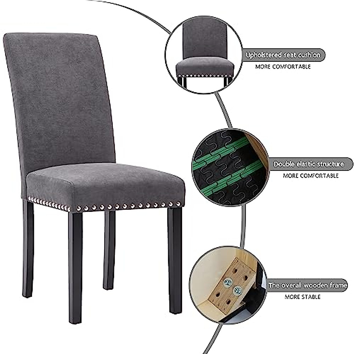 GOTMINSI Dining Chairs Set of 4 Upholstered Accent Dining Room Chairs Padded Parson Kitchen Chairs with Silver Nails and Solid Wood Legs (Grey)