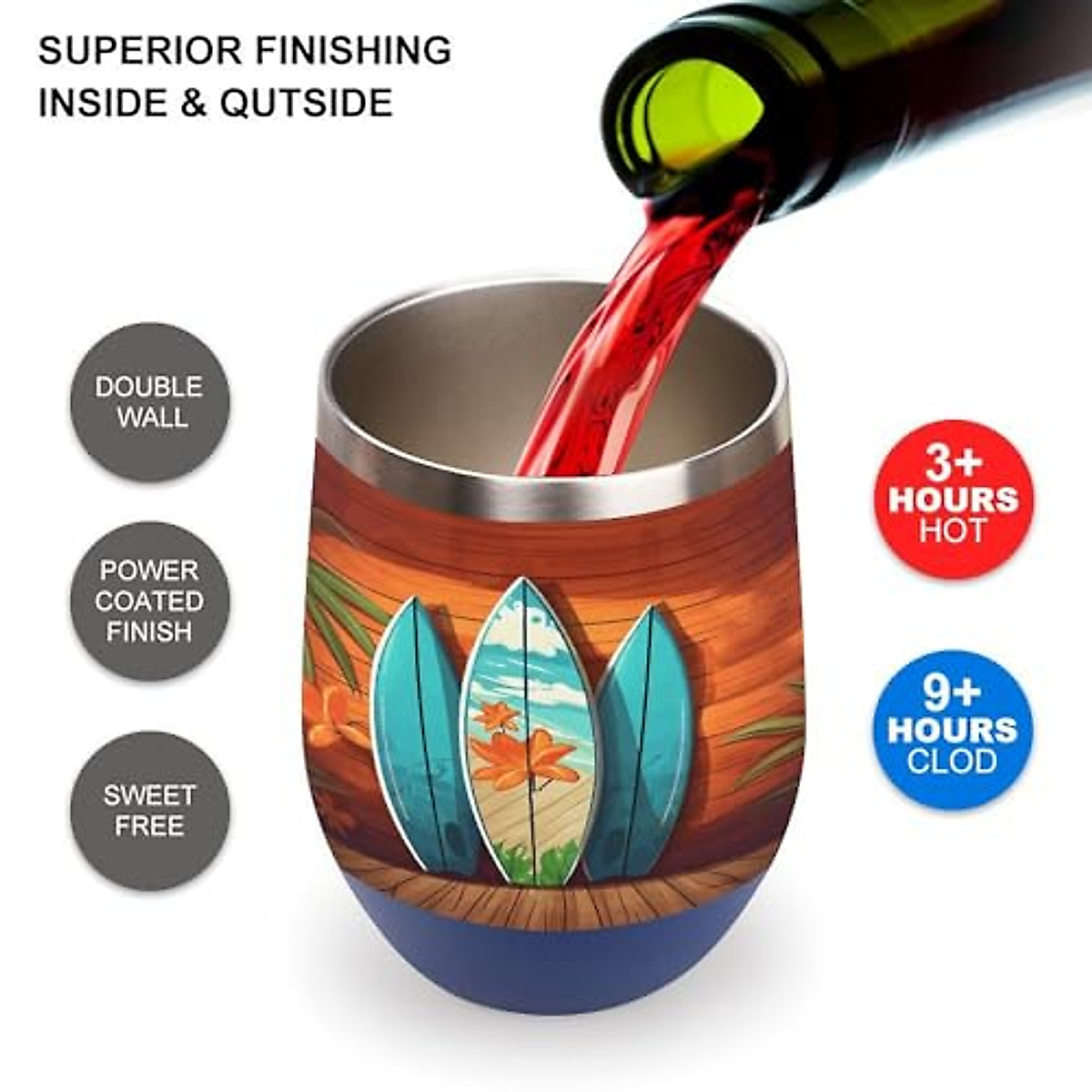 WYUSPGK 304 Stainless Steel Insulated Cup, Surfboard on Wooden Print Smooth Rim, Durable & Reusable - Perfect for Office, Home, And Travel
