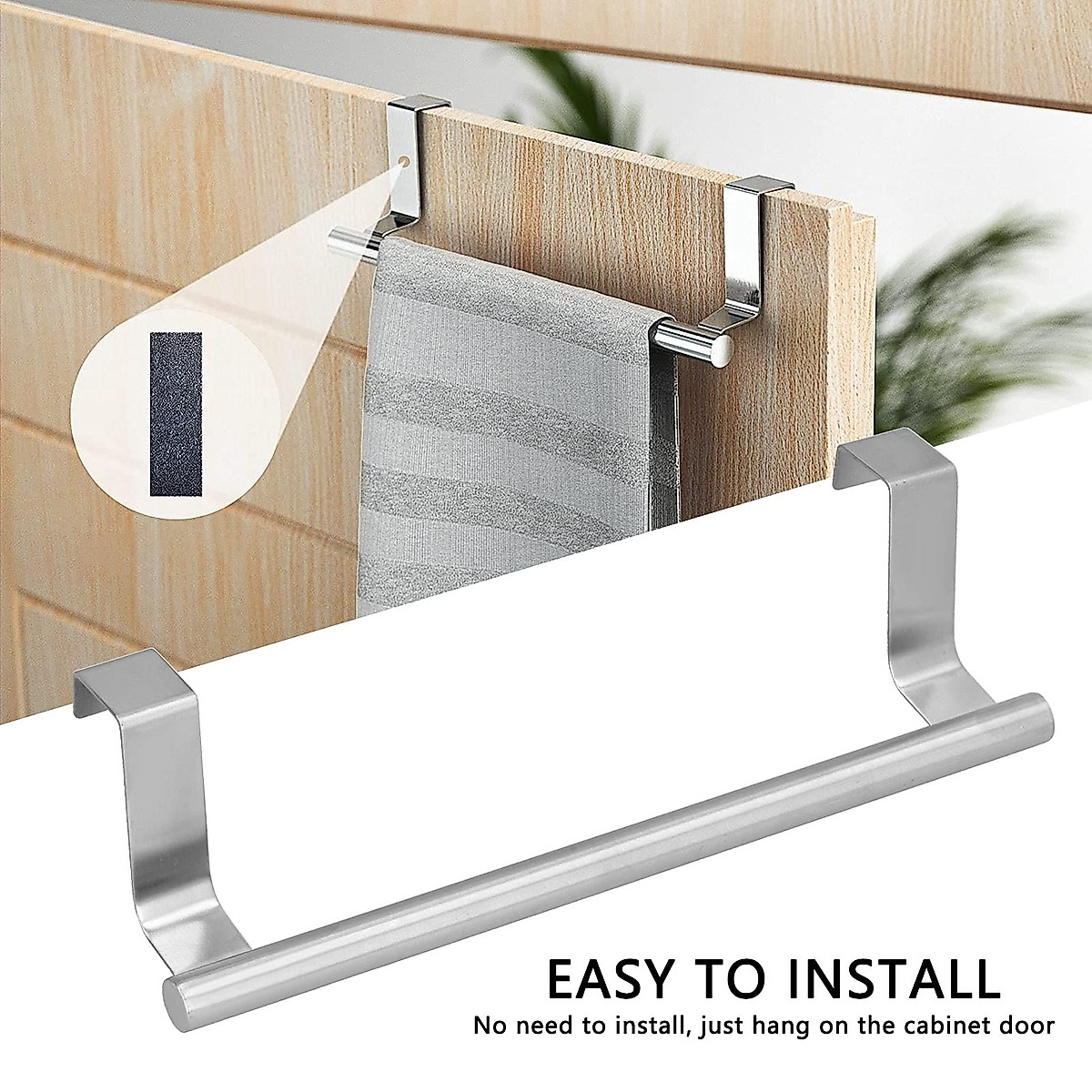 2Pcs Stainless Steel Over Door Towel Bar Storage Hanger Organizer for Cabinet or Cupboard, Over Kitchen Cabinet Door Towel Bar Holder for Hand, Dish, and Tea Towel Rack, Inside or Outside Doors(23cm)