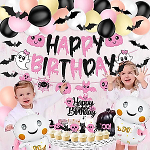 67 Pcs Halloween Birthday Decorations Pink Black Birthday Banner Cake Topper Halloween Cupcake decoration 3D Bat Wall Stickers Halloween Theme Balloons Happy Birthday Party Supplies