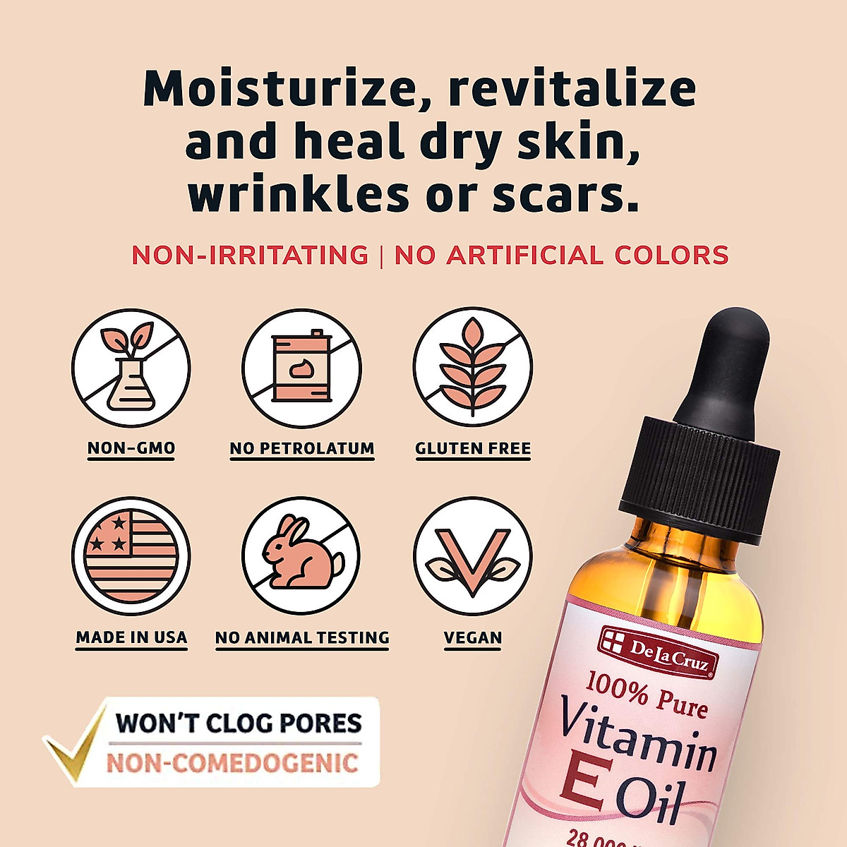 De La Cruz Vitamin E Oil for Face 28,000 IU - No Preservatives, Artificial Colors or Fragrances, Made in USA 1 FL. OZ.
