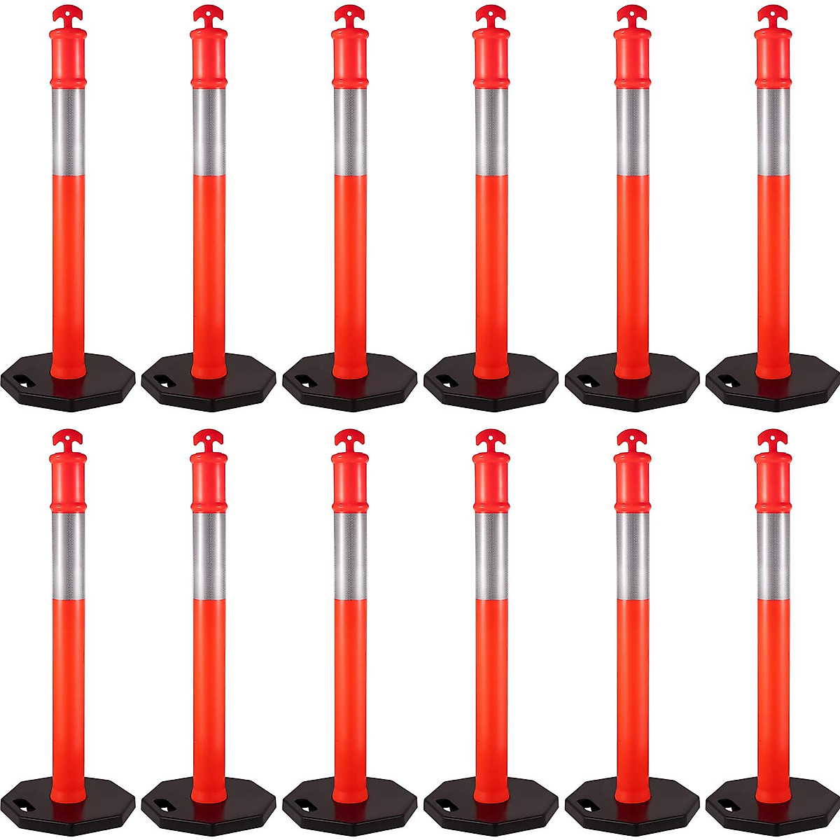 VEVOR 12Pack Traffic Delineator Posts 44 Inch Height, Channelizer Cones Post Kit 10 inch Reflective Band, Delineators Post with Rubber Base 16 inch for Construction Sites, Facility Management etc