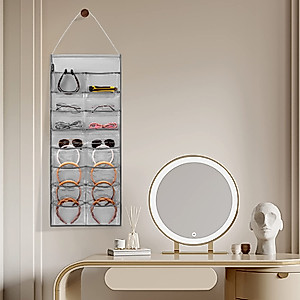 ANZORG Wall Hanging Headband Organizer Ribbon Hair Hoops Storage Hairbands Hair Accessory Holder with Clear Pockets (GREY-16 POCKETS)