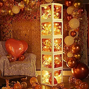 5 Pcs Balloon Boxes with 48 Rose Gold Balloons, Transparent Balloon Block with 5 LED Light Strings for Bridal Shower Decorations, Bachelorette Parties Engagement Weddings Centerpieces Birthday Decor