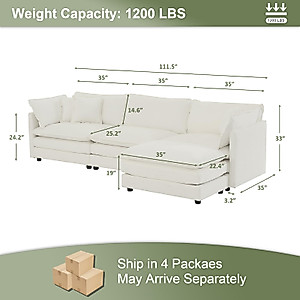 Oversize Mondular Sectional Sofa, 111.5'' Chenille Large L Shaped Couch with Reversible Chaise & Cushions, Big Cloud Couch for Living Room, Modern Comfortable Couch for Bedroom(4 Seater, Beige White)
